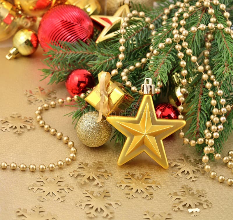 Gold Star and Christmas Decorations Stock Photo - Image of background ...