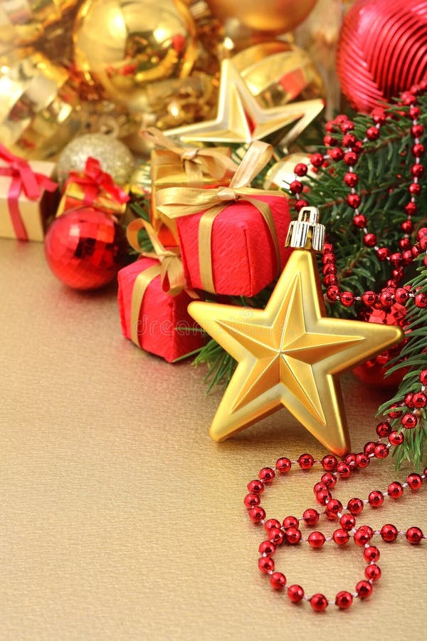 Gold Star and Christmas Decorations Stock Photo - Image of baubles ...