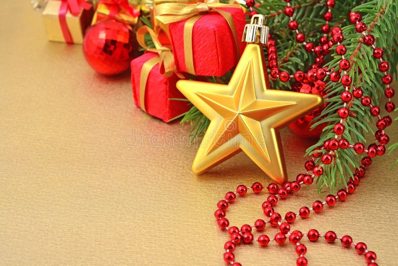 Gold Star and Christmas Decorations Stock Image - Image of firtree ...