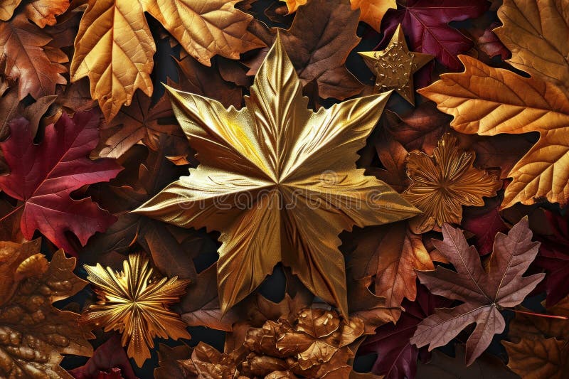 A gold star and leaves stock illustration. Illustration of fall - 302383640