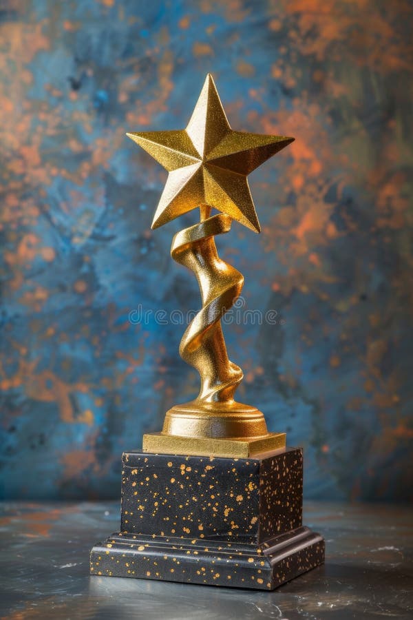 Gold Star Trophy on a Marble Base with a Blue and Orange Bokeh Background Stock Illustration ...