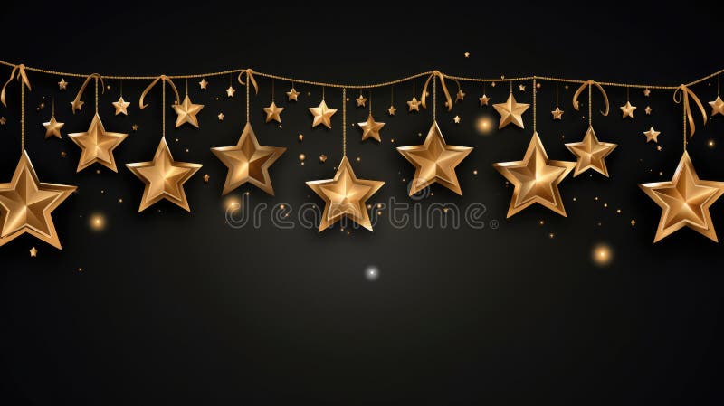Gold Stars Hanging from String on Black Background. Perfect for Adding ...