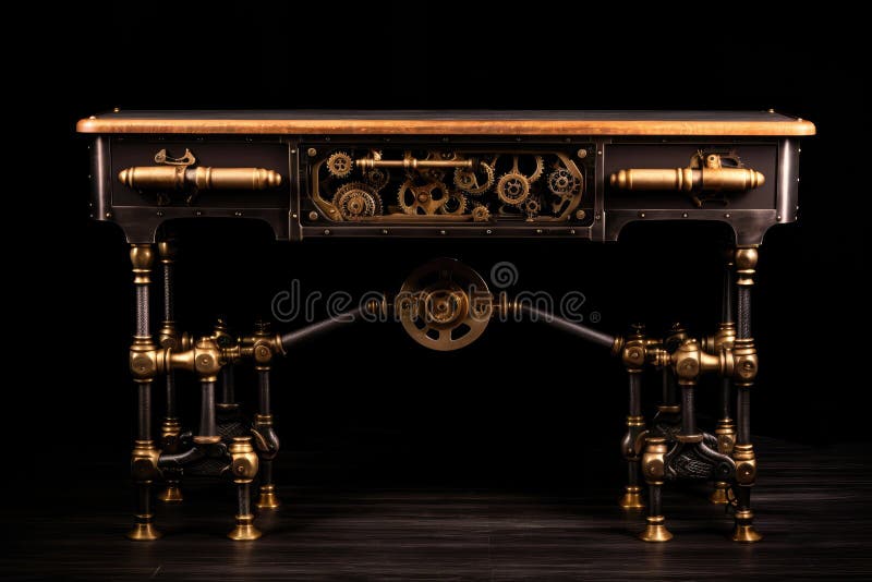 Gold Steampunk Console Table on Black Smoky Background. Generative AI ...