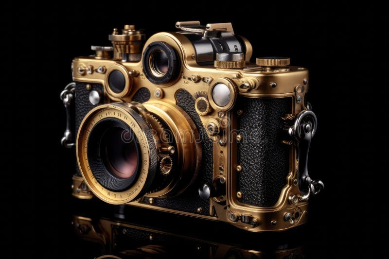 Gold Steampunk Digital Camera on Black Smoky Background. Generative AI ...