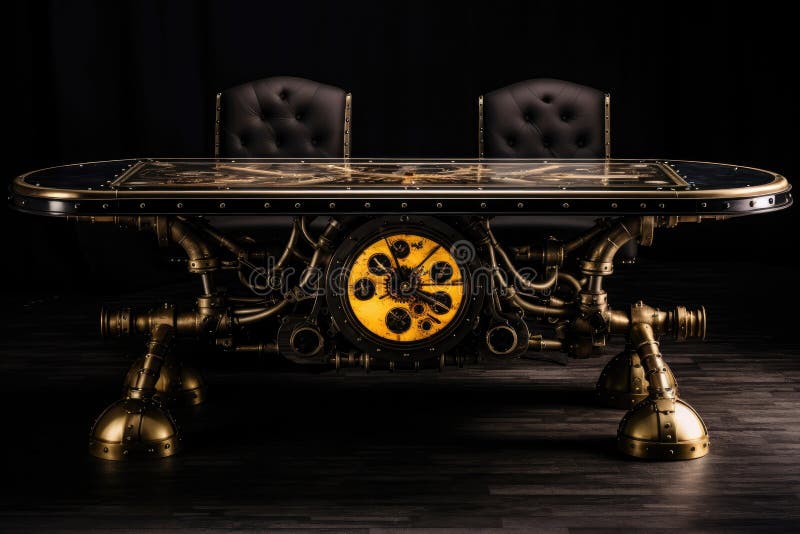 Gold Steampunk Dining Table on Black Smoky Background. Generative AI ...