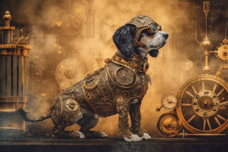 Gold Steampunk Dog Smoke Steam. Generative AI Stock Illustration ...