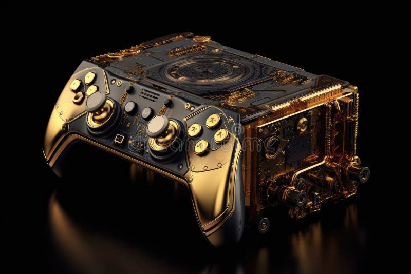 Gold Steampunk Gaming Console on Black Smoky Background. Generative AI ...