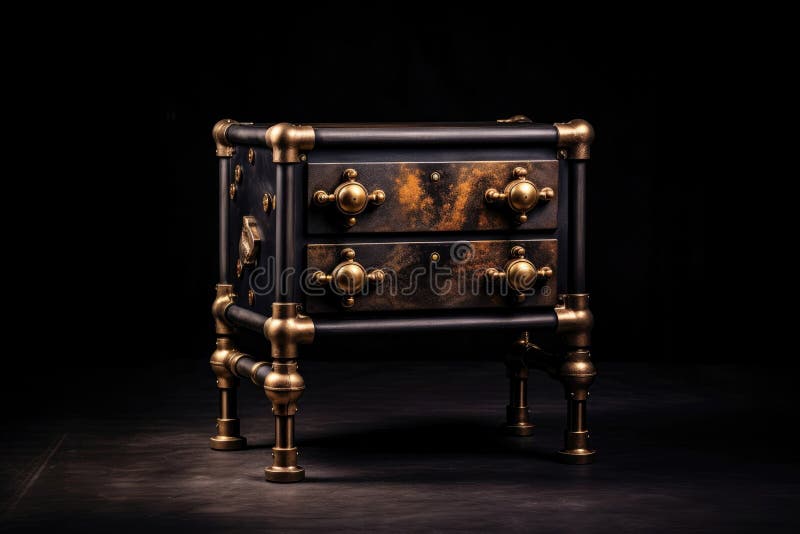 Gold Steampunk Nightstand on Black Smoky Background. Generative AI ...
