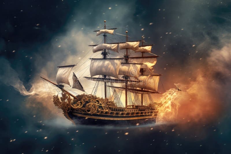 Gold Steampunk Ship on Smoke Steam Sparks Background. Generative AI ...
