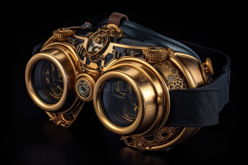 Gold Steampunk Virtual Reality Headset on Black Smoky Background ...