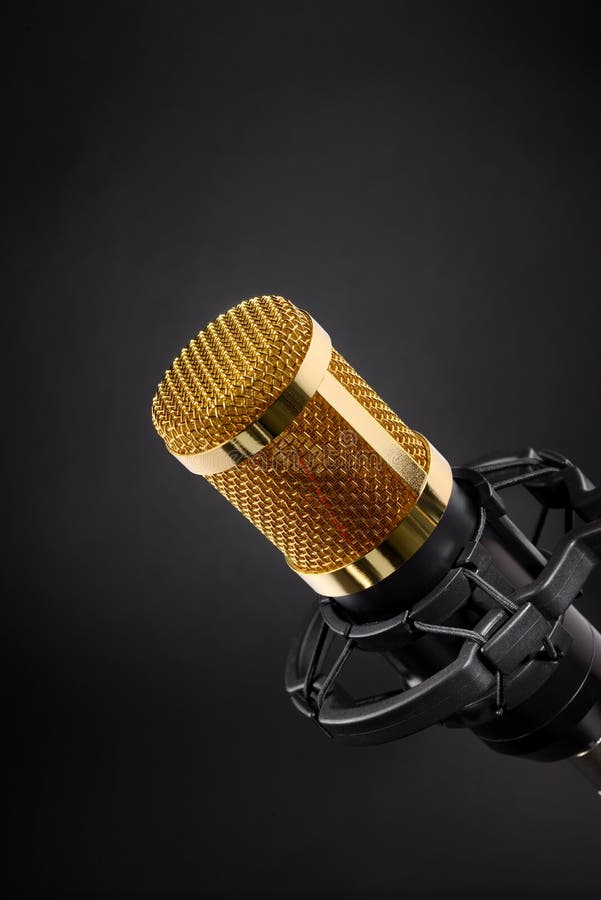 Gold Condenser Microphone on Black Stock Image - Image of equipment ...