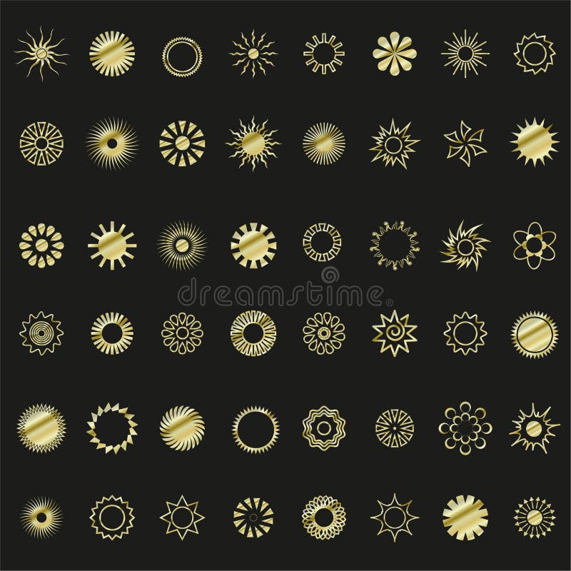 Gold Sun Icons on Black Background, Vector Stock Illustration ...