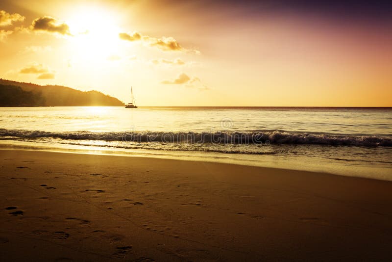 Gold Sunset on the Sand Beach Stock Photo - Image of dramatic, color ...