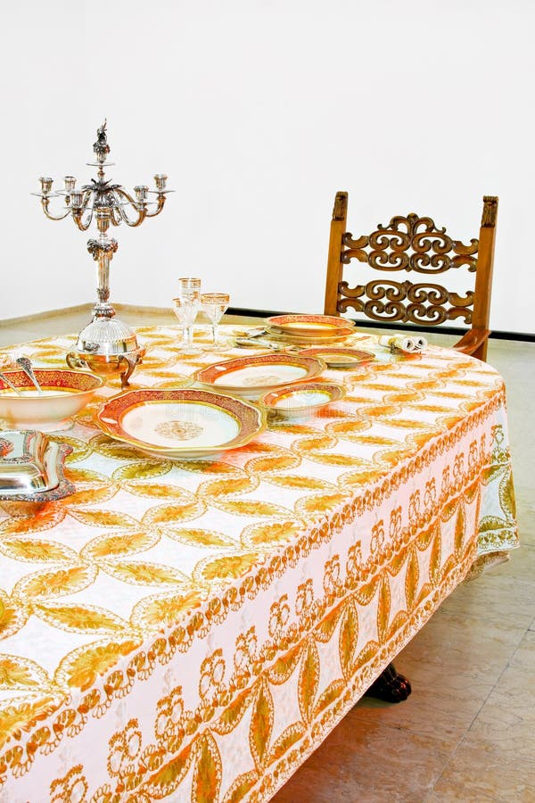 Gold table stock image. Image of lace, fork, dinner, food - 13081731