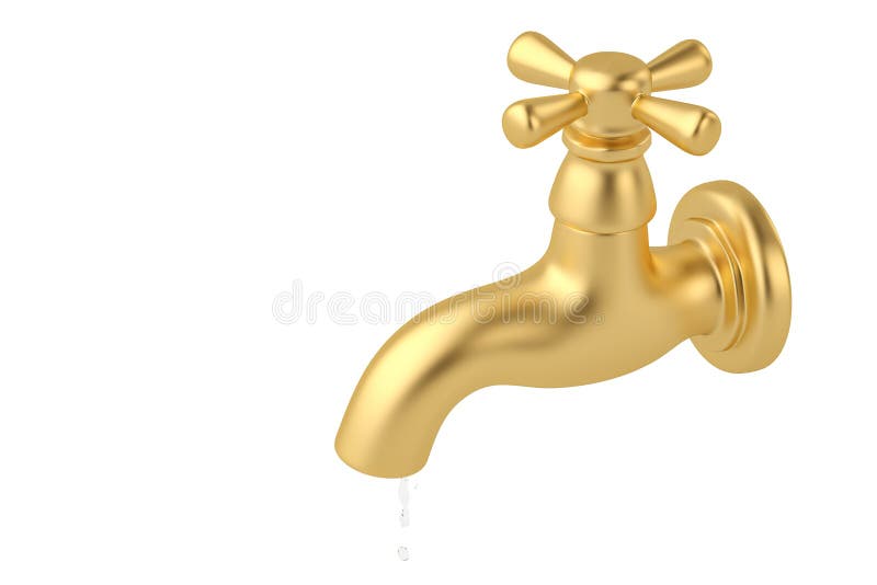 Gold Tap With A Water Stream Isolated On White 3d Illustration Stock