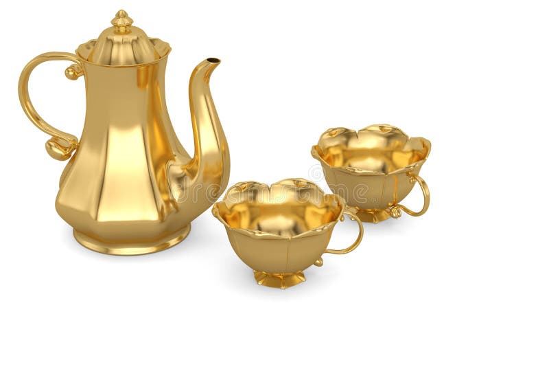 Gold Tea Set Isolated on White Background, 3D Render. 3D Illustration ...