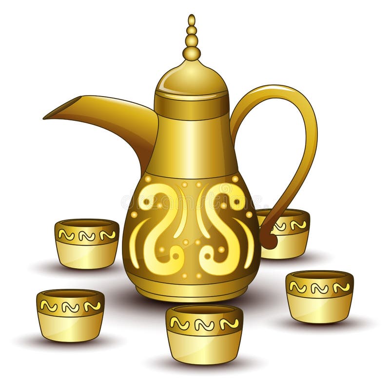 Gold Teapot Cartoon with Some Cup Stock Vector - Illustration of ...