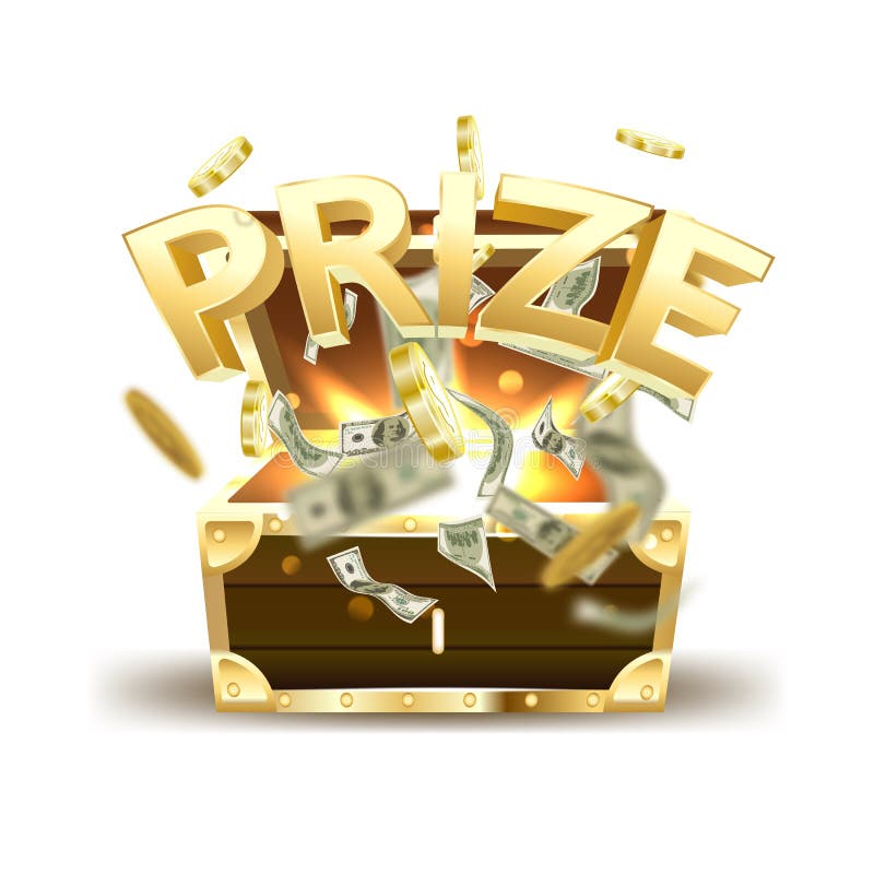 Gold Text Prize from a Chest of Coins and Cash Stock Illustration ...