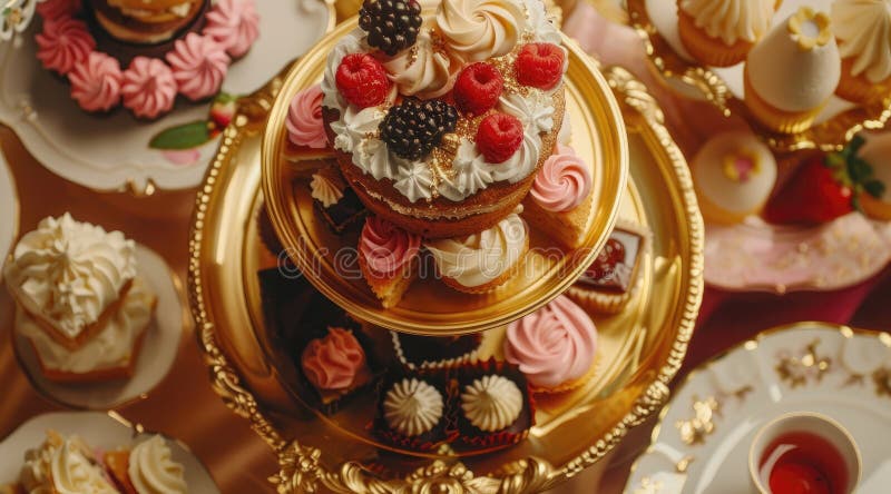 Gold Three-tier Tray Filled with Assorted and Different Cakes and ...