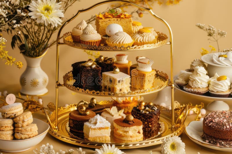 Gold Three-tier Tray Filled with Assorted and Different Cakes and ...