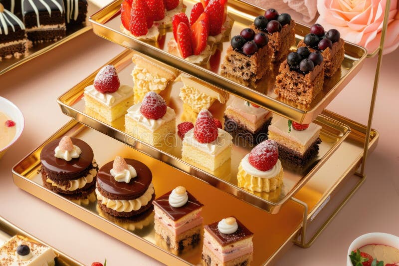 Gold Three-tier Tray Filled with Assorted and Different Cakes and ...