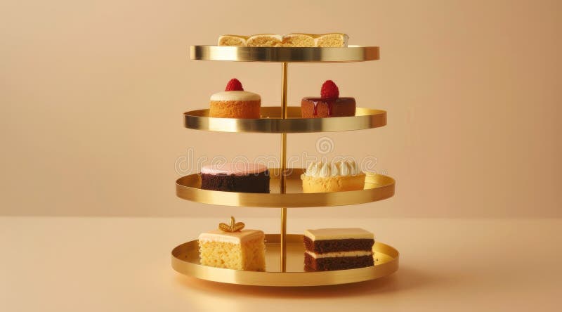 Gold Three-tier Tray Filled with Assorted and Different Cakes and ...