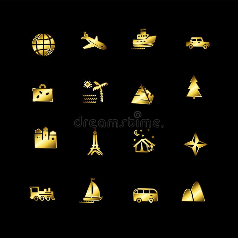 Gold travel icons stock illustration. Illustration of plane - 8533304