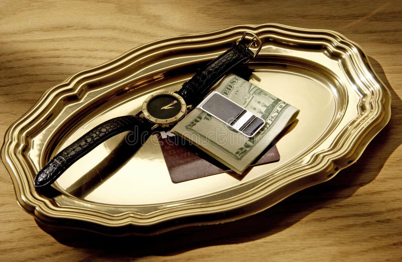 Gold Tray with Businessman S Personal Items Stock Photo - Image of ...