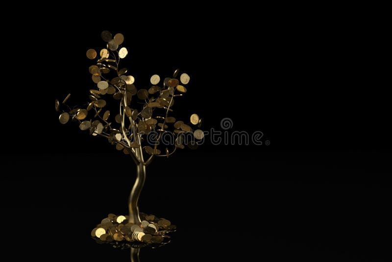 A Gold Tree On Black Background.3D Illustration. Stock Illustration ...