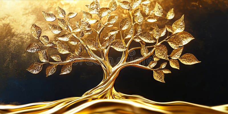 A Gold Tree with Leaves on a Black Background Stock Image - Image of ...