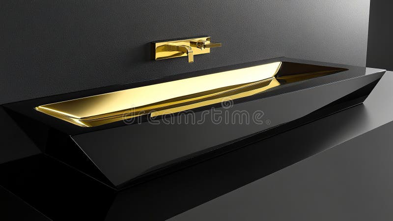 Gold-trimmed Black Sink in Modern Bathroom Stock Photo - Image of black ...