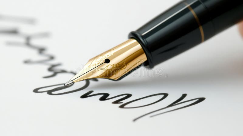 A Gold-Trimmed Fountain Pen Signing a Document Stock Illustration ...