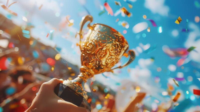 A Gold Trophy is Being Held by a Person in a Crowd of People Stock ...