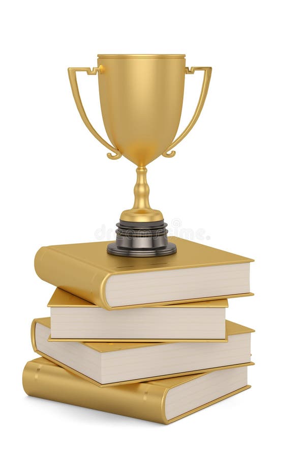 Trophy and Book Stacks Isolated on White Background. 3D Illustration ...