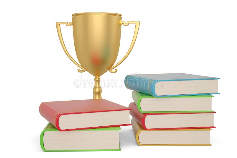Trophy And Book Stacks Isolated On White Background. 3D Illustration ...