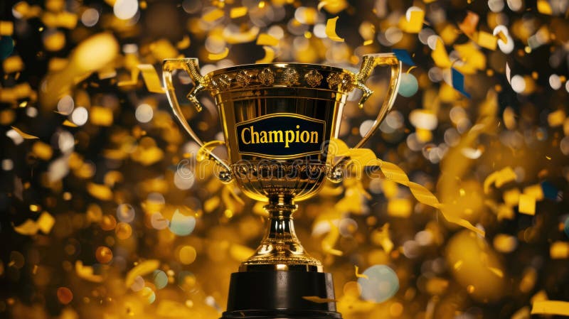 A Gold Trophy with a "Champion" Label, Set Against a Backdrop of ...
