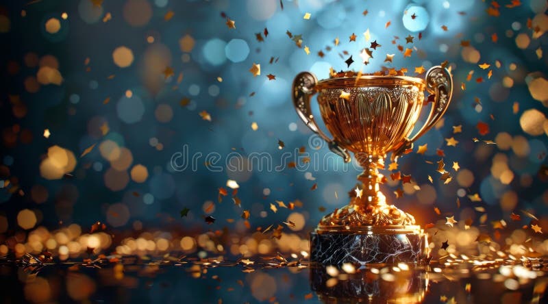 Gold Trophy with Confetti Against Blue Background Stock Photo - Image ...
