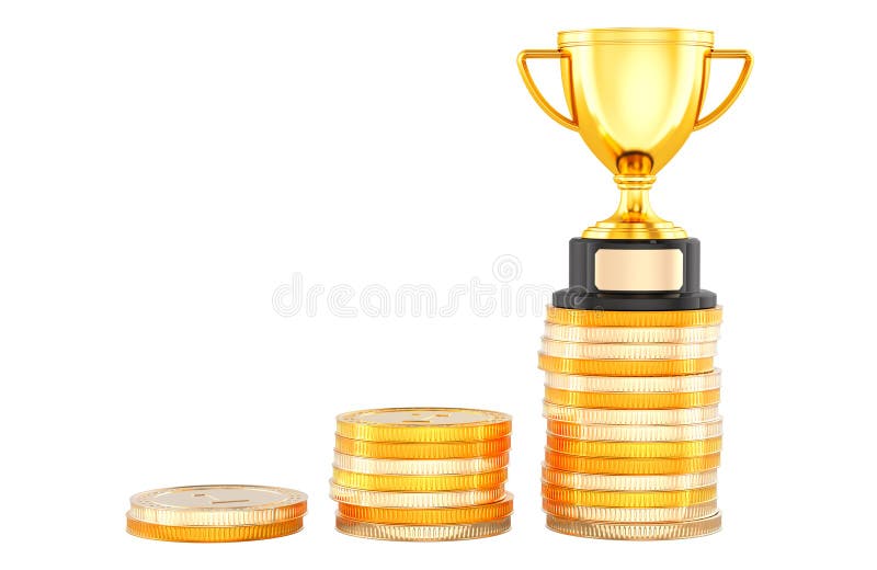 Gold Trophy Cup Award with Stack from Growing Gold Coins. 3D Rendering ...