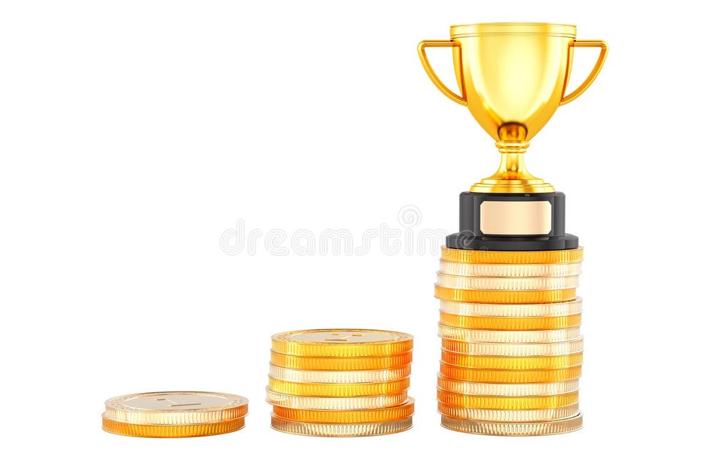 Gold Trophy Cup Award with Stack from Growing Gold Coins. 3D Rendering ...