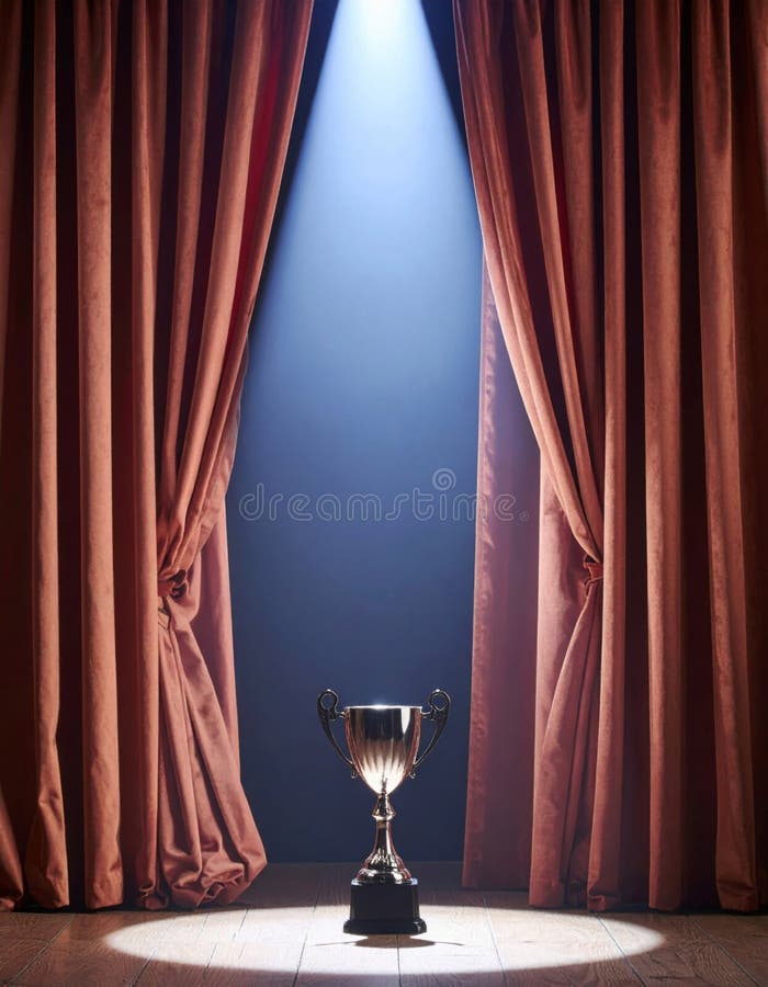Gold Trophy Displayed on Stage Under Spotlight between Red Velvet ...