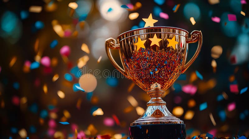 A Gold Trophy with Five Stars on Top of it Surrounded by Confetti Stock ...