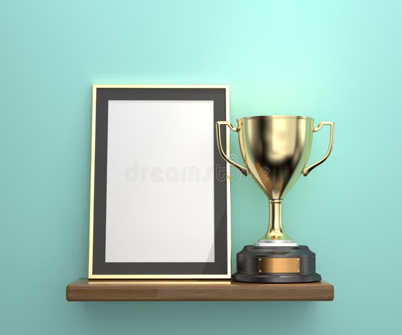 Gold Trophy and Photo Frame on Shelf Realistic Side View Composition ...
