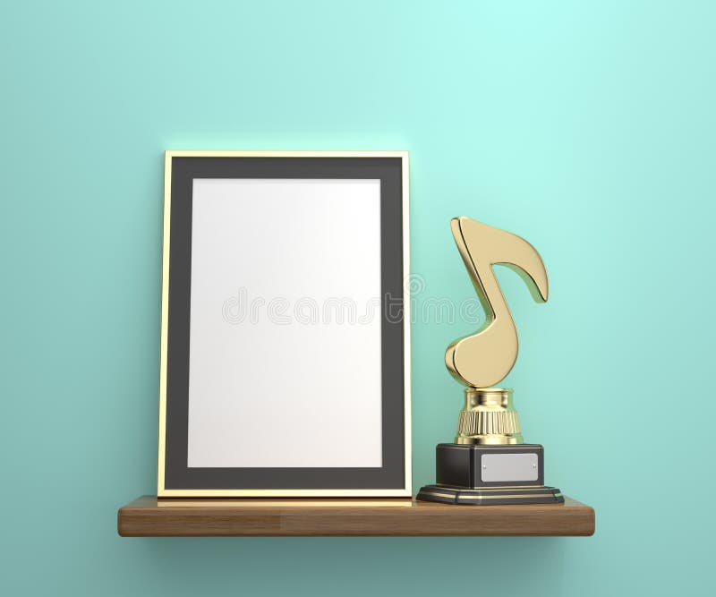 Gold Trophy and Photo Frame on Shelf Realistic Side View Composition ...