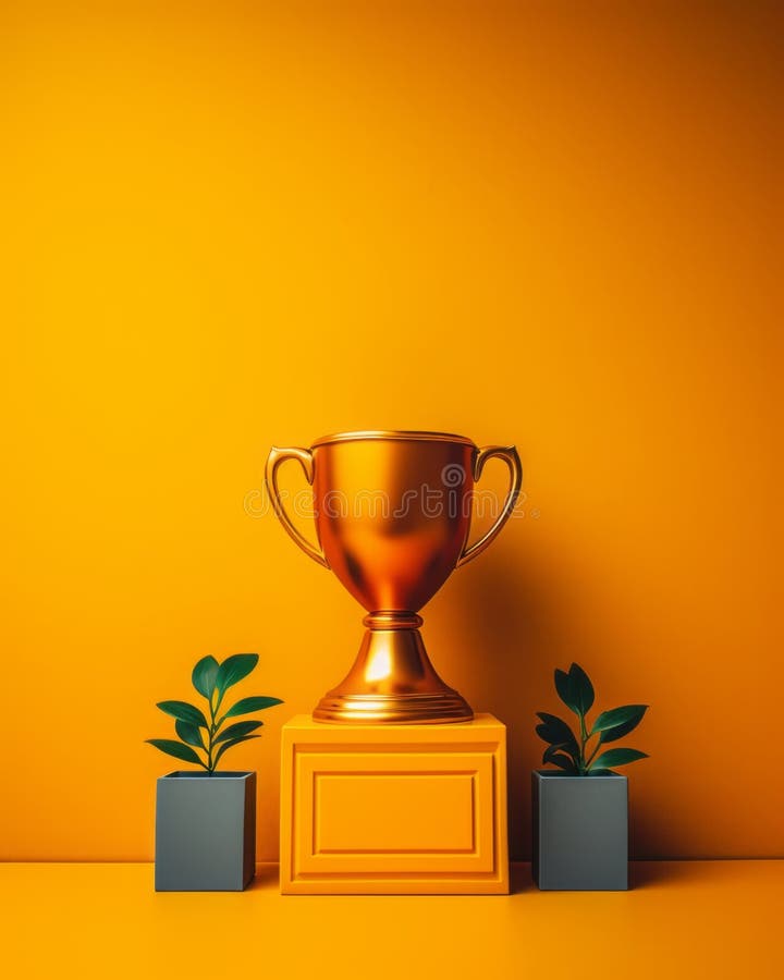 Gold Trophy with Plants on an Orange Background 3d Rendering Stock ...