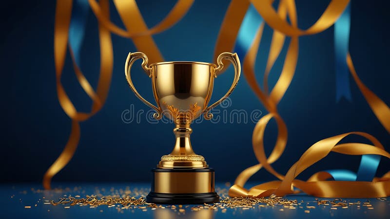Gold Trophy with Ribbons on Blue Background Stock Photo - Image of ...