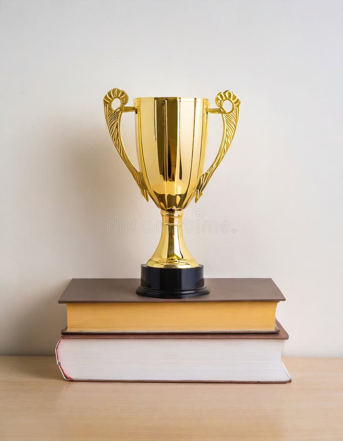 Gold Trophy Sits on Top of Books Stock Illustration - Illustration of ...