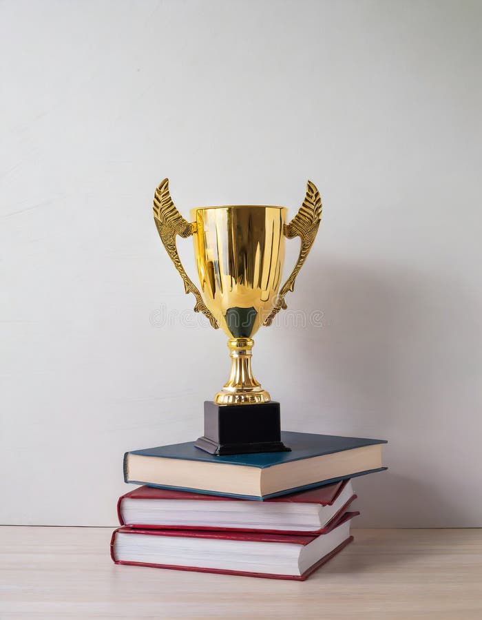 Gold Trophy Sits on Top of Books Stock Illustration - Illustration of ...