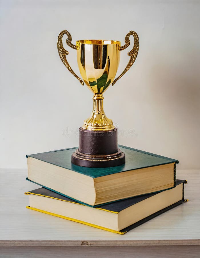 Gold Trophy Sits on Top of Books Stock Illustration - Illustration of ...
