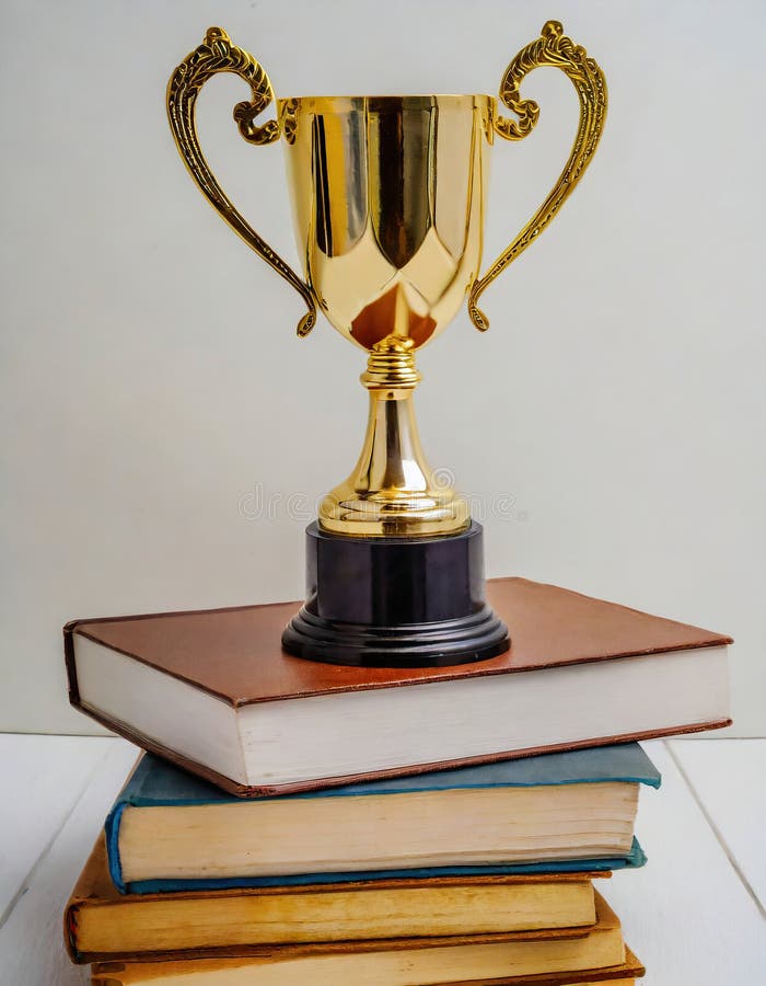 Gold Trophy Sits on Top of Books Stock Illustration - Illustration of ...
