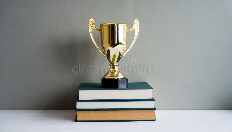 Gold Trophy Sits on Top of Books Stock Illustration - Illustration of ...